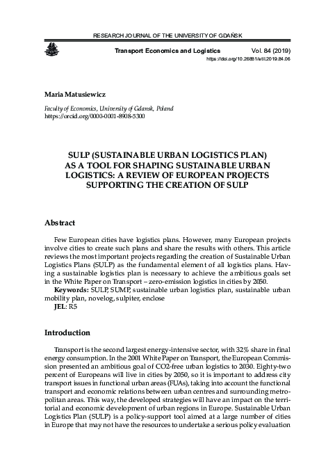 (PDF) SULP (Sustainable Urban Logistics Plan) as a Tool for Shaping ...