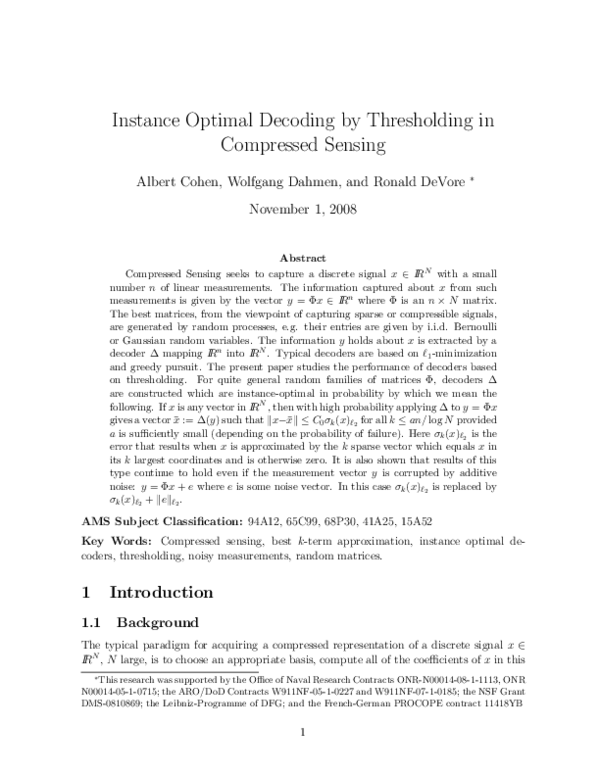 (PDF) Optimal Decoding by Thresholding in Compressed Sensing