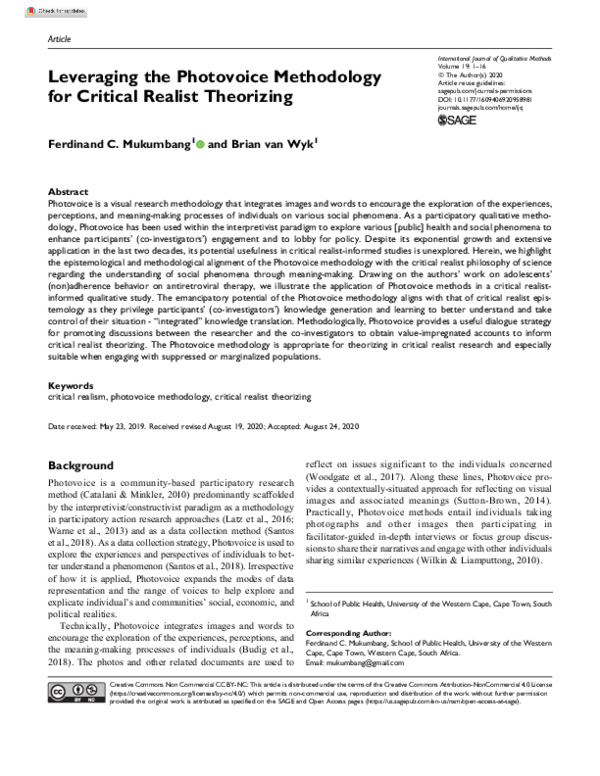 (PDF) Leveraging the Photovoice Methodology for Critical Realist Theorizing | Ferdinand C ...
