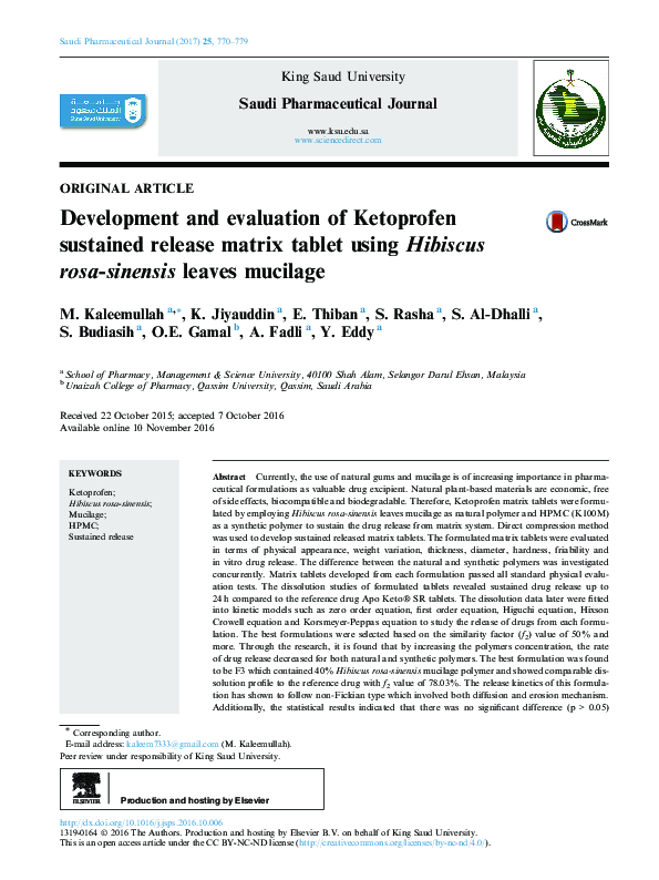 Pdf Development And Evaluation Of Ketoprofen Sustained Release Matrix Tablet Using Hibiscus