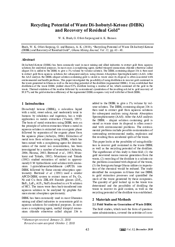 (PDF) Recycling Potential of Waste Di-Isobutyl-Ketone (DIBK) and ...