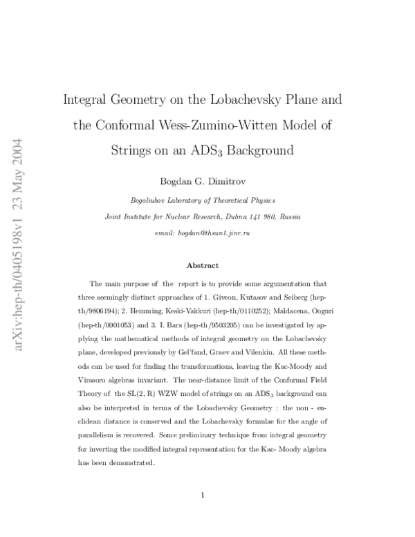 (PDF) Integral Geometry on the Lobachevsky Plane and the Conformal Wess ...