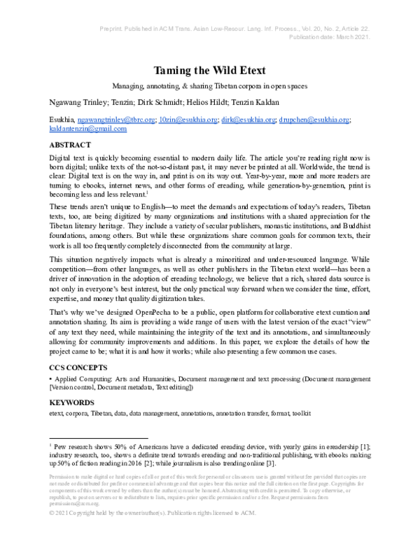 (PDF) Taming the Wild Etext Managing, annotating, & sharing Tibetan ...