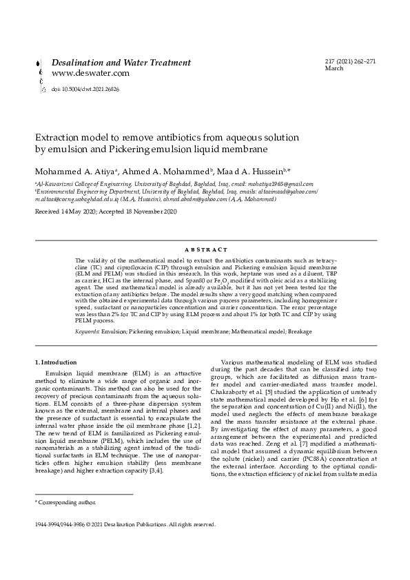 (PDF) Extraction model to remove antibiotics from aqueous solution by emulsion and Pickering ...