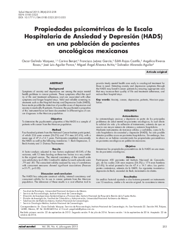 (PDF) Propiedades psicométricas de la Escala Hospitalaria de Ansiedad y ...