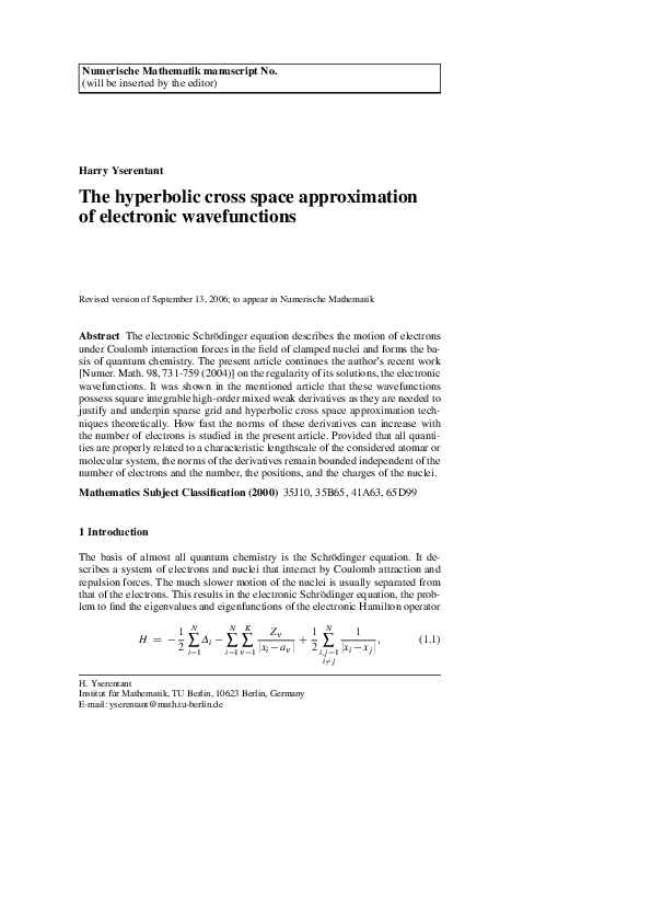(PDF) The hyperbolic cross space approximation of electronic wavefunctions