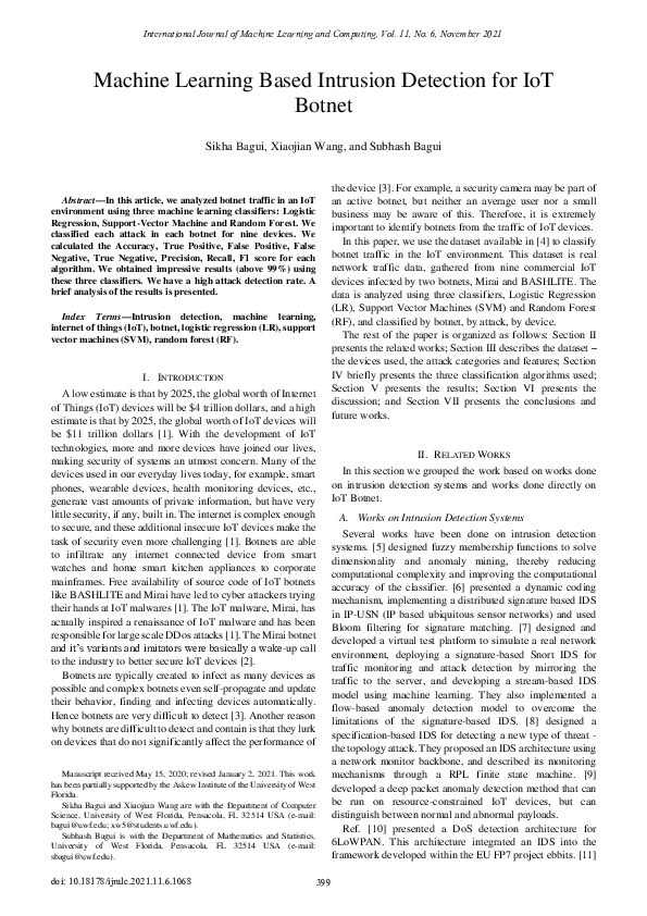 (PDF) Machine Learning Based Intrusion Detection for IoT Botnet