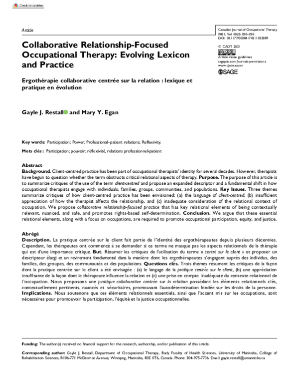 (PDF) Collaborative Relationship-Focused Occupational Therapy: Evolving ...