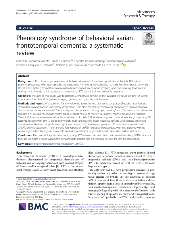 (PDF) Phenocopy syndrome of behavioral variant frontotemporal dementia ...