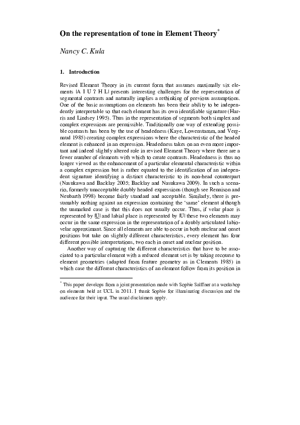 (PDF) On the representation of tone in Element Theory | Nancy Kula ...