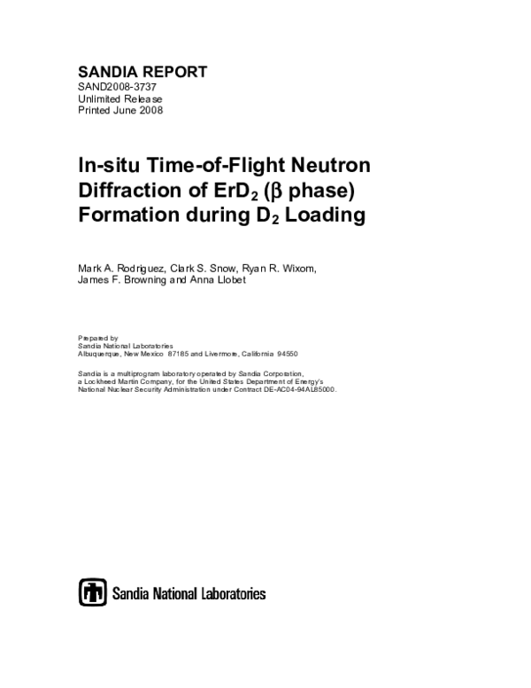 (PDF) In-situ Time-of-Flight Neutron Diffraction of ErD2 ( phase) Formation during D2 Loading
