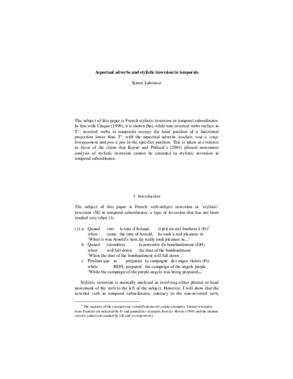 (PDF) Aspectual adverbs and stylistic inversion in temporals