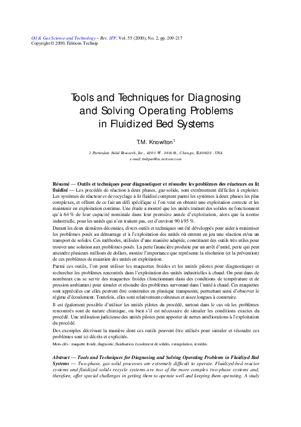 (PDF) Tools and Techniques for Diagnosing and Solving Operating Problems in Fluidized Bed Systems