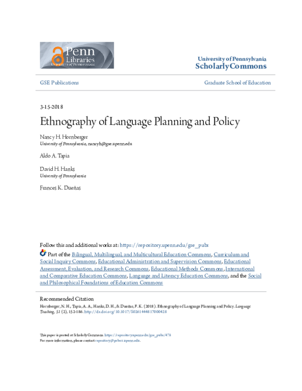 (PDF) Ethnography of Language Planning and Policy