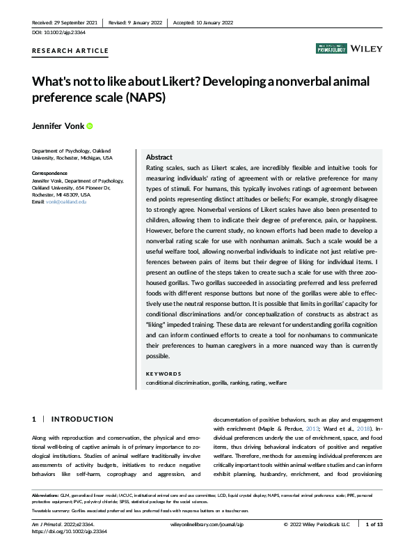 (PDF) What's not to like about Likert? Developing a nonverbal animal ...