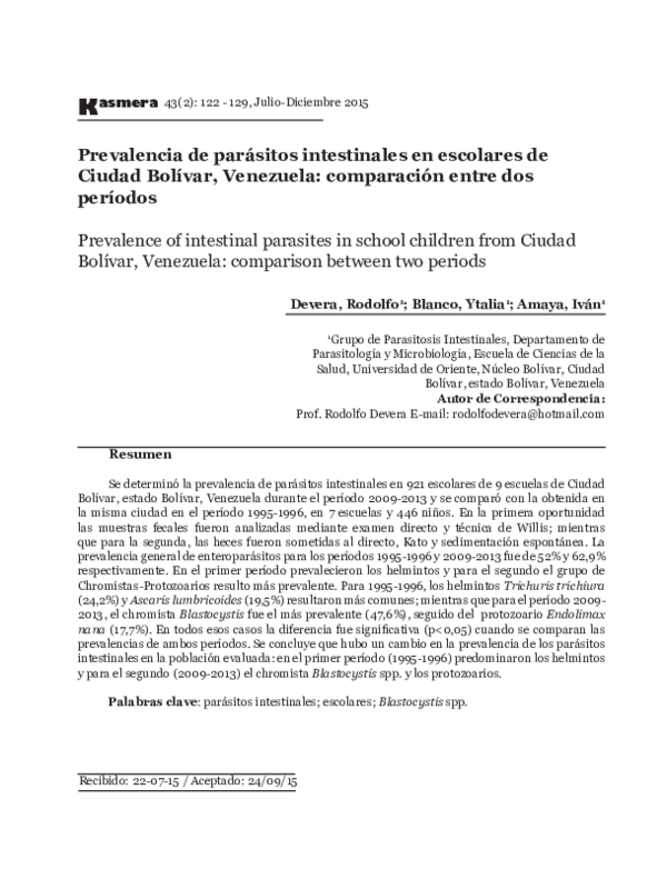 (PDF) Prevalencia de parásitos intestinales en escolares de Ciudad ...
