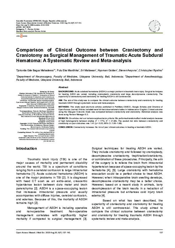 (PDF) Comparison of Clinical Outcome between Craniectomy and Craniotomy ...