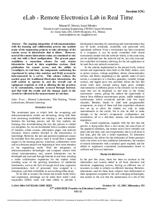 (PDF) eLab - Remote electronics lab in real time