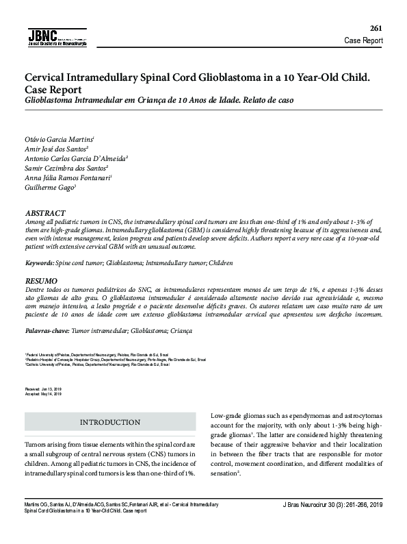(PDF) Cervical Intramedullary Spinal Cord Glioblastoma in a 10 Year-Old Child. Case Report