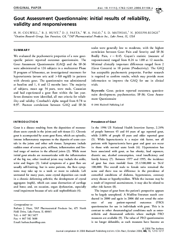 (PDF) Gout Assessment Questionnaire: initial results of reliability, validity and responsiveness