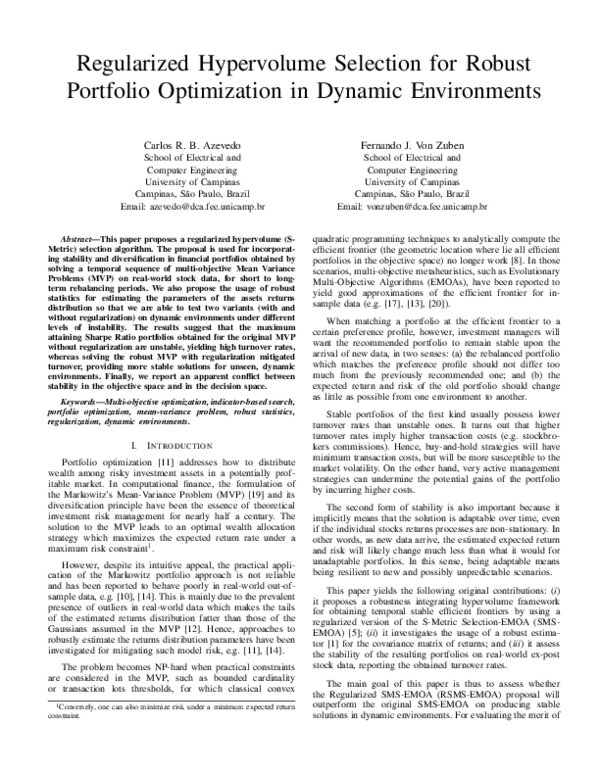 (PDF) Regularized hypervolume selection for robust portfolio optimization in dynamic environments