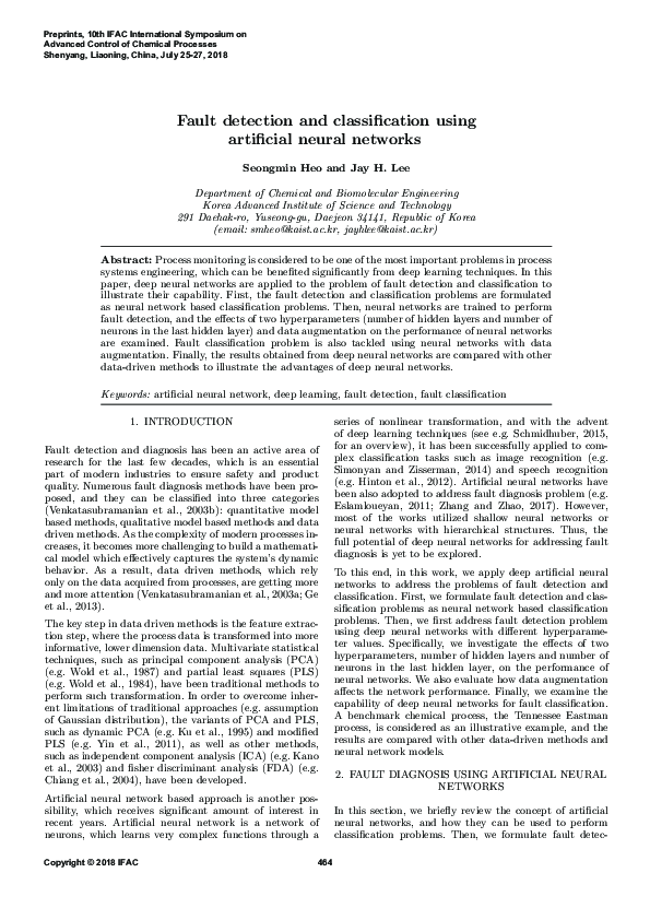 Pdf Fault Detection And Classification Using Artificial Neural Networks
