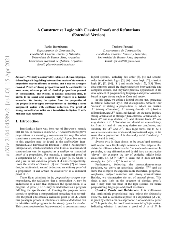 (PDF) A Constructive Logic with Classical Proofs and Refutations