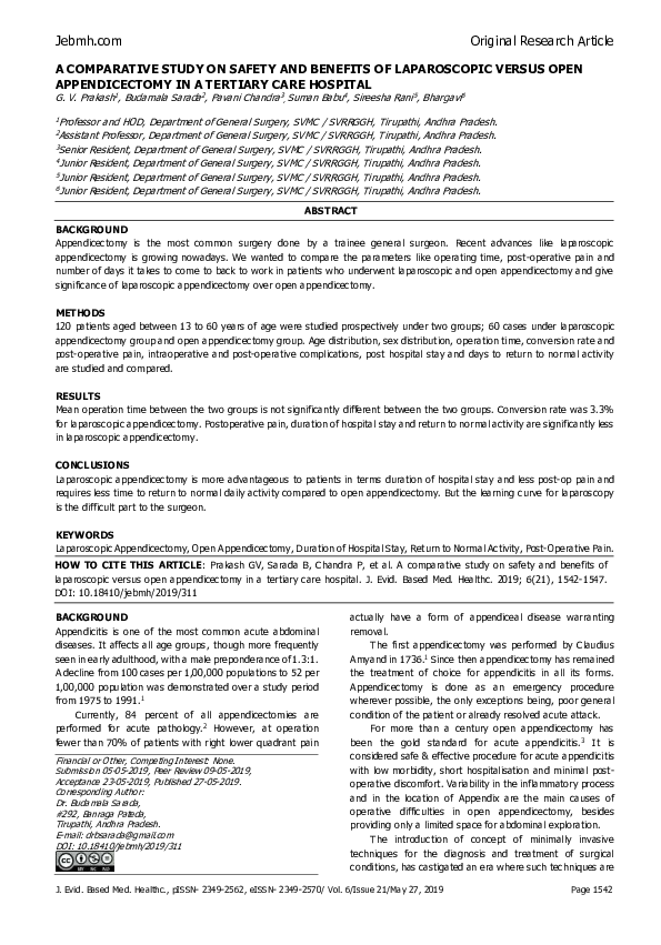 (PDF) A Comparative Study on Safety and Benefits of Laparoscopic Versus Open Appendicectomy in a ...
