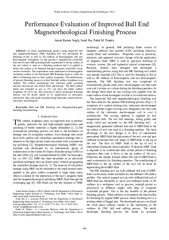 (PDF) Performance Evaluation of Improved Ball End Magnetorheological Finishing Process