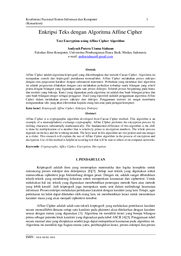 (PDF) Enkripsi Teks dengan Algoritma Affine Cipher