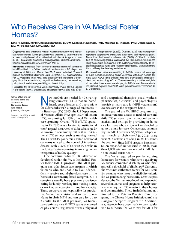 (PDF) Who Receives Care in VA Medical Foster Homes?