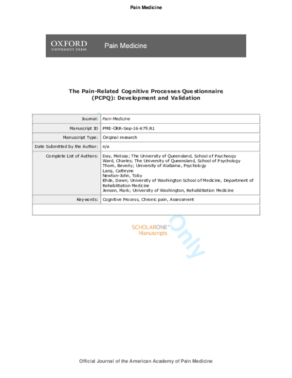 (PDF) The Pain-Related Cognitive Processes Questionnaire: Development ...
