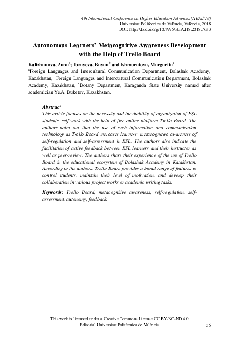 (PDF) Autonomous Learners’ Metacognitive Awareness Development with the Help of Trello Board