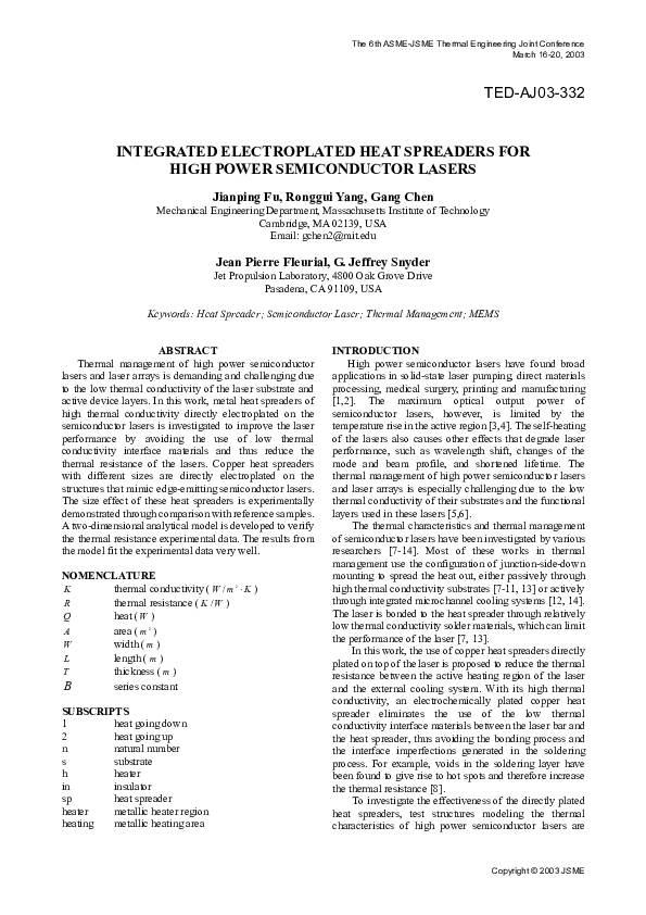 (PDF) Integrated electroplated heat spreaders for high power semiconductor lasers