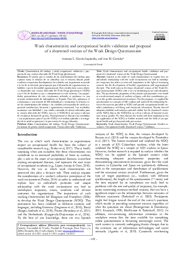 (PDF) Work characteristics and occupational health: validation and ...