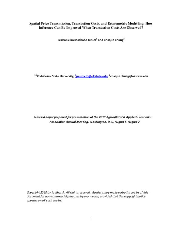(PDF) Spatial Price Transmission, Transaction Costs, and Econometric ...