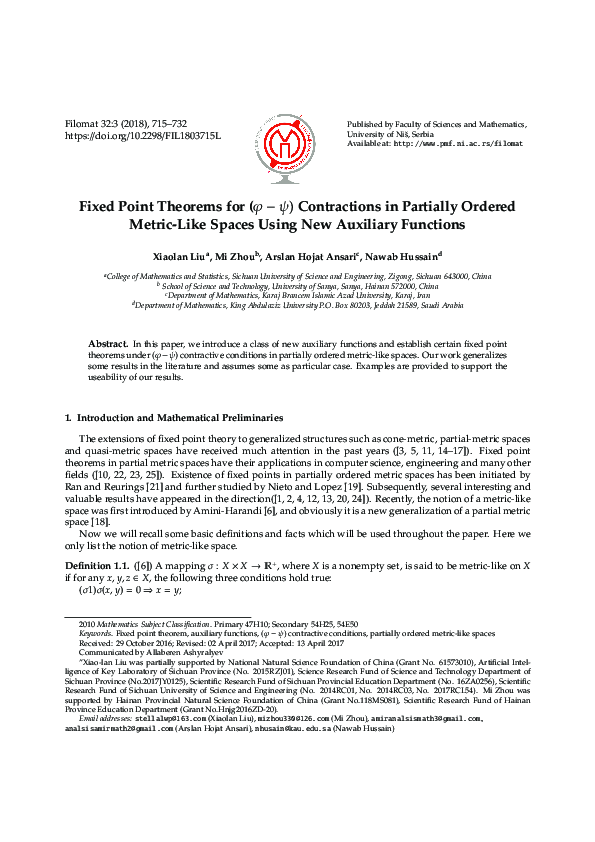 Pdf Fixed Point Theorems For φ ψ Contractions In Partially Ordered Metric Like Spaces Using