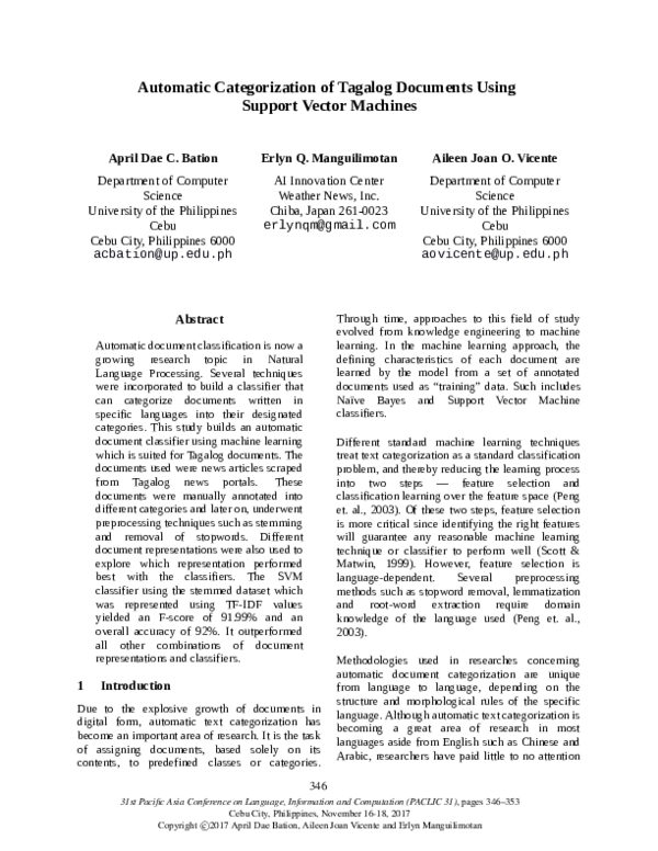 (PDF) Automatic Categorization of Tagalog Documents Using Support Vector Machines