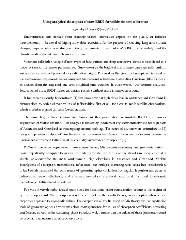 (PDF) Using analytical description of snow BRDF for visible channel ...
