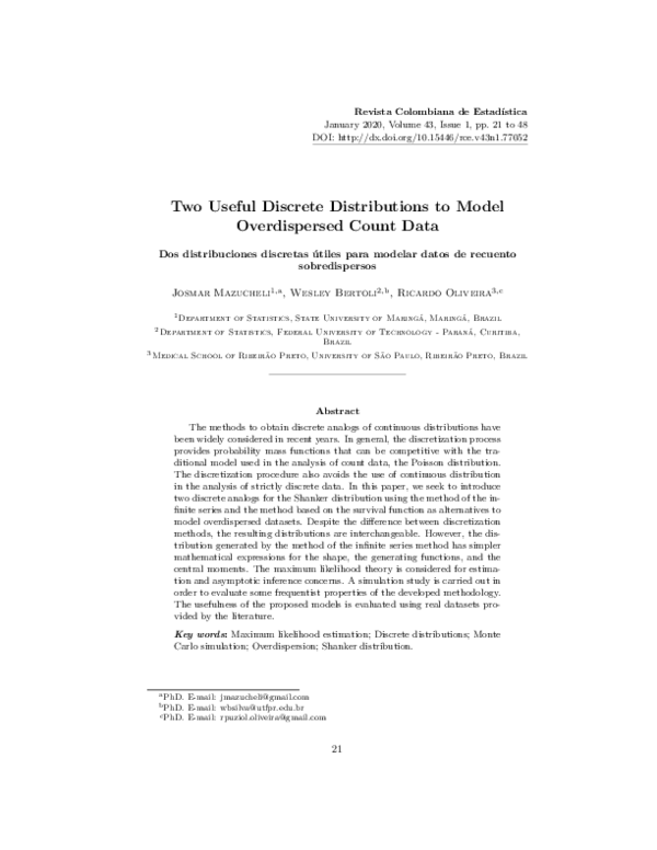 (PDF) Two Useful Discrete Distributions to Model Overdispersed Count Data