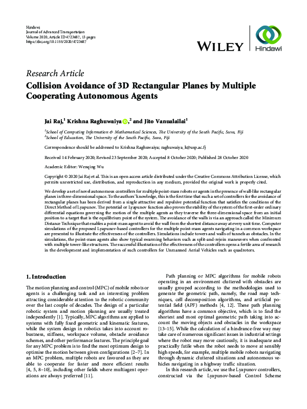 (PDF) Collision Avoidance of 3D Rectangular Planes by Multiple Cooperating Autonomous Agents