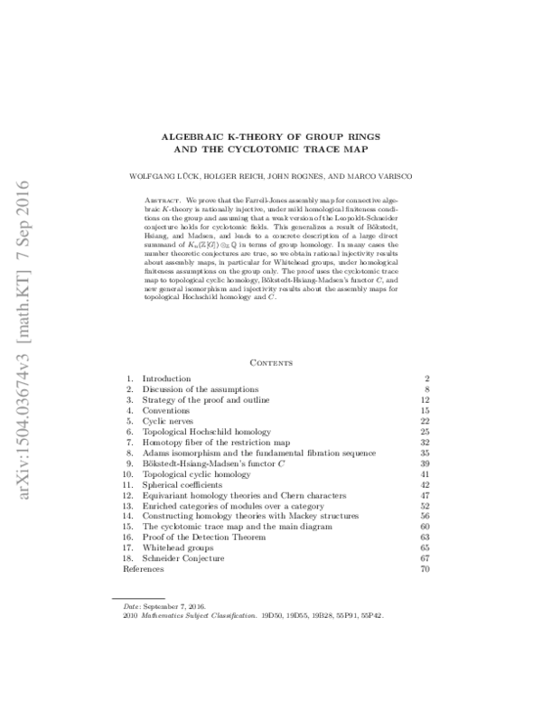 (PDF) Algebraic K-theory of group rings and the cyclotomic trace map
