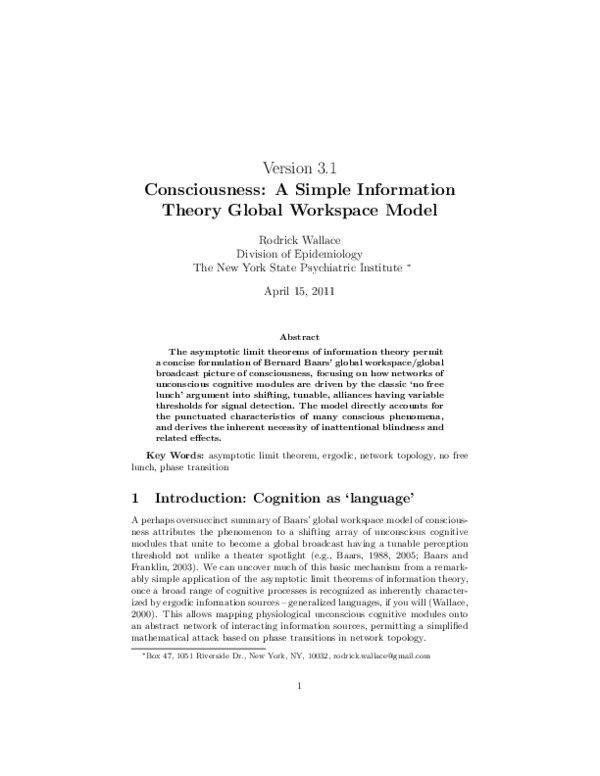 (PDF) Consciousness: A Simple Information Theory Global Workspace Model