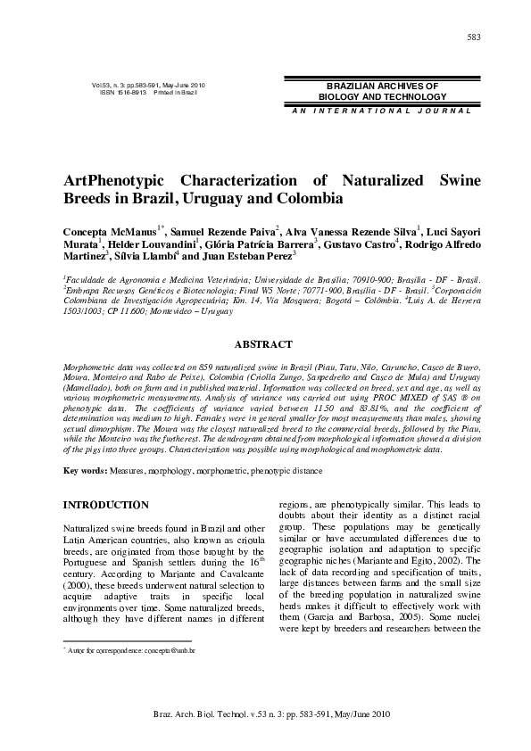 (PDF) Phenotypic characterization of naturalized swine breeds in Brazil, Uruguay and Colombia