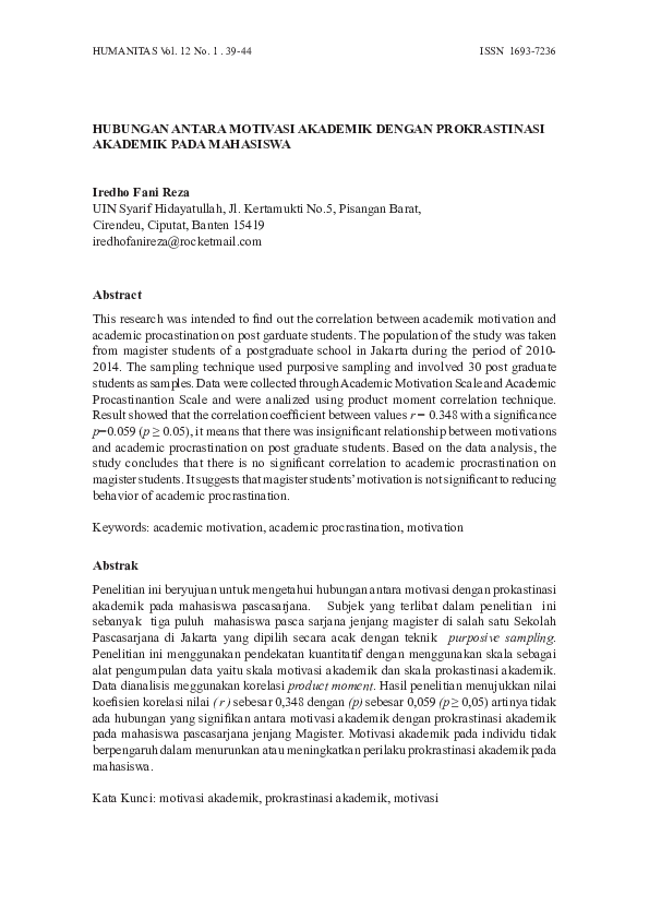 (PDF) Hubungan Antara Motivasi Akademik Dengan Prokrastinasi Akademik Pada Mahasiswa