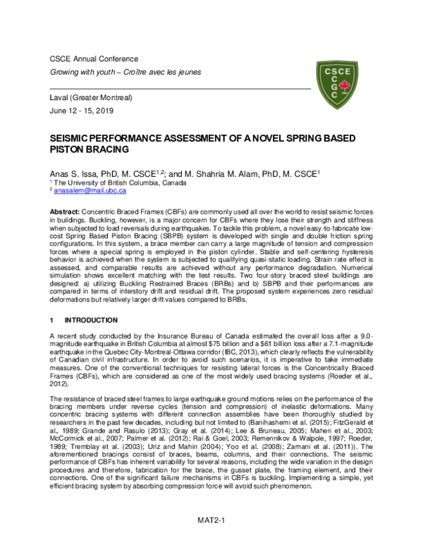 (PDF) Seismic Performance Assessment of a Novel Spring Based Piston Bracing