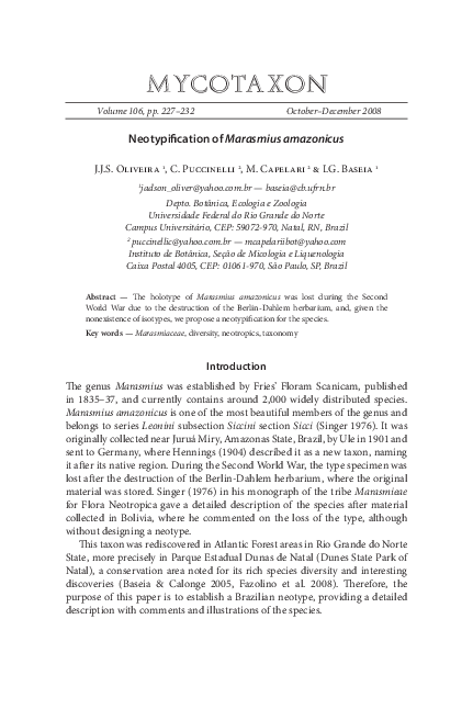 (PDF) Neotypification of Marasmius amazonicus