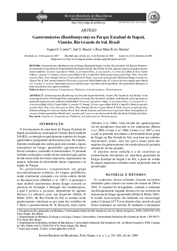 (PDF) Gasteromicetos (Basidiomycota) no Parque Estadual de Itapuã ...