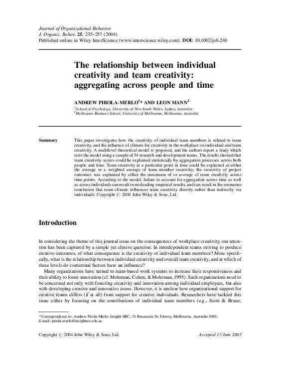 (PDF) The relationship between individual creativity and team ...