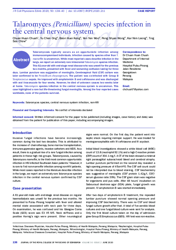 (PDF) Talaromyces (Penicillium) species infection in the central ...